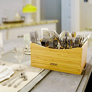 APRTAT Bamboo Flatware Utensil Caddy,Utensil Holder For Outdoor Picnic, Kitchen Storage-Holds Silverware, Forks, Knives, Spoons And Other Utensils | Size-8.03 L x 5.43 W X 4.73 H in