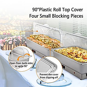ROVSUN Electric 9 QT Stainless Steel Chafing Dish Buffet Set,Roll Top Catering Chafer Server Food Warmer with Full Size & 2 Detachable Food Pans,Transparent PC Lid for Party Wedding Banquet