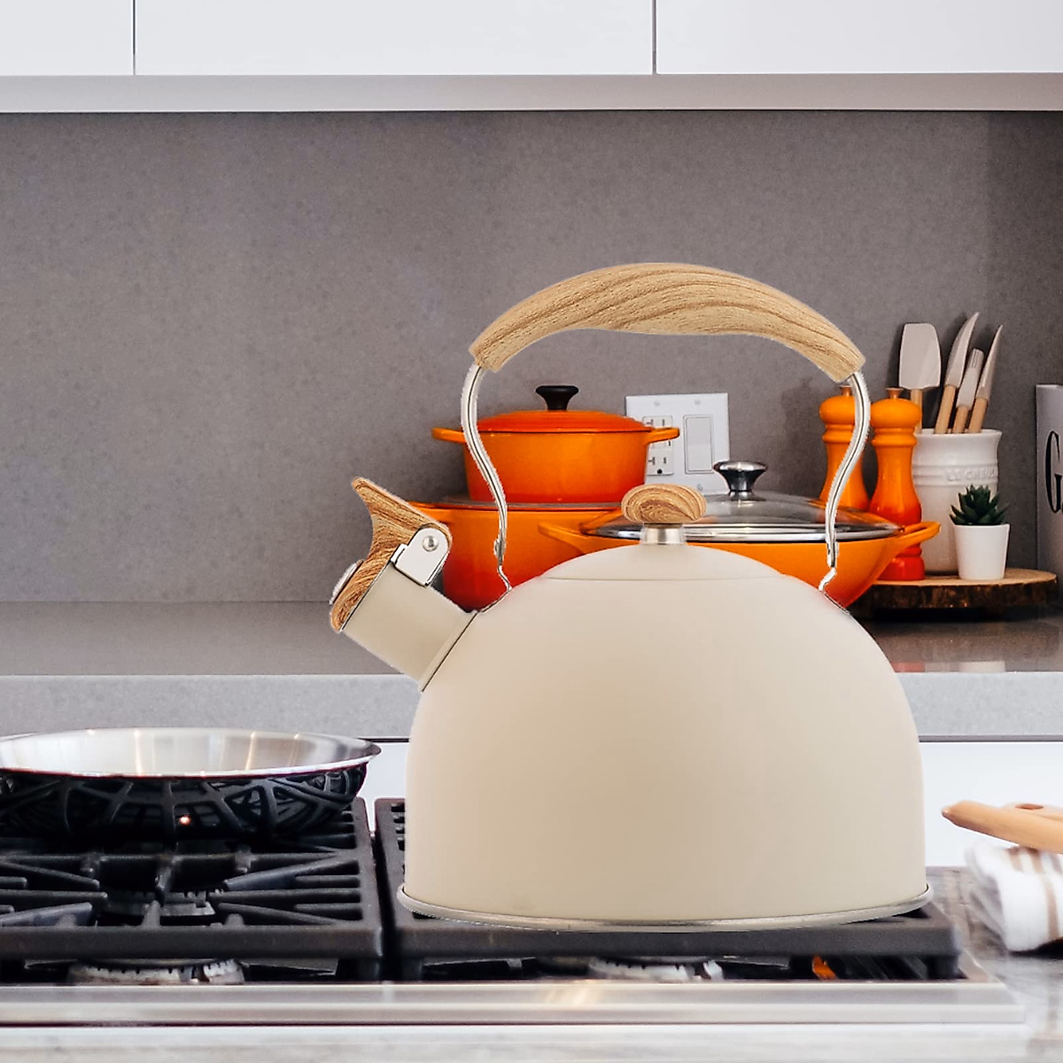 Vilihkc Tea Kettle 2.6 Liter Whistling Tea Kettle, Tea Pots for Stove Top Food Grade Stainless Steel with Wood Pattern Folding Handle, Loud Whistle Kettle for Tea, Coffee, Milk