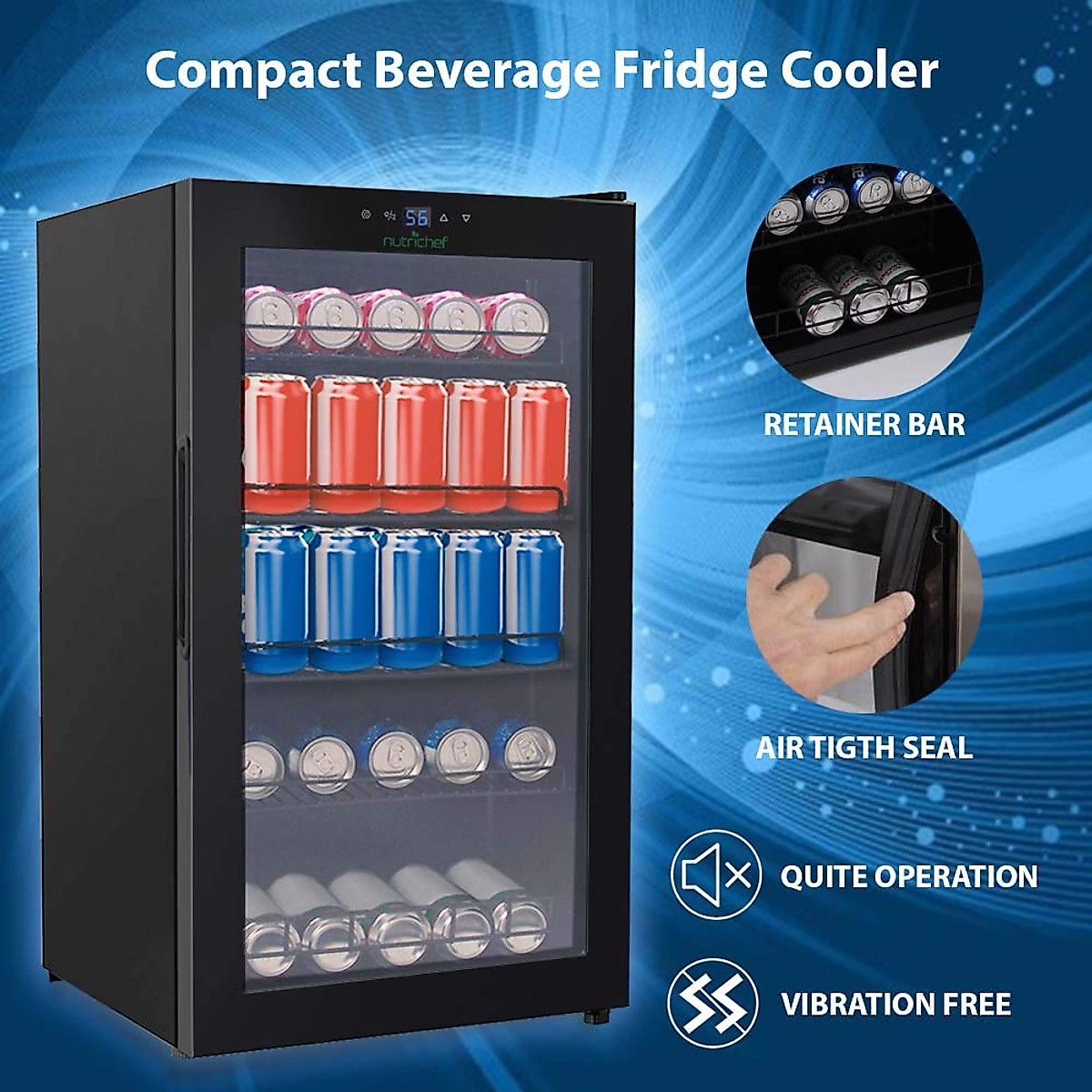 NutriChef PKTEBC80.5 18.69 Gallon Freestanding/Kitchen Countertop Black Electric Center Cooler Soda Beer Refrigerator w/Built-in Fan, Clear Glass Door 132-Can Canned Beverage Mini Fridge