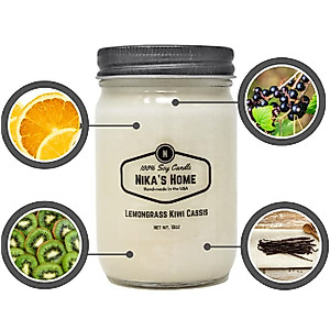 Nika's Home Lemongrass Kiwi Cassis Soy Candle 12oz Mason Jar Non-Toxic White Soy Candle-Hand Poured Handmade, Long Burning 50-60 Hours Highly Scented All Natural, Clean Burning Gift Décor