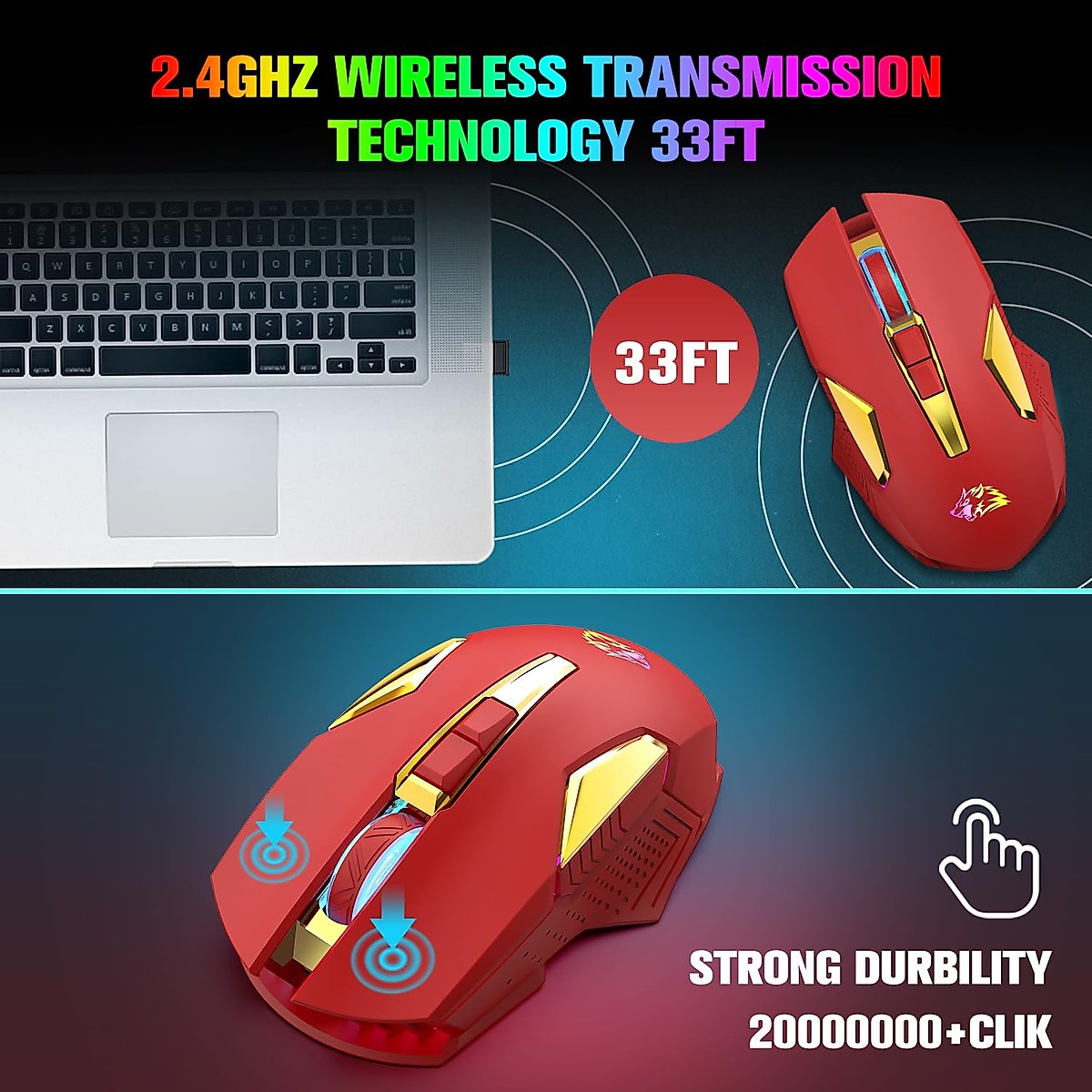 FELICON Wireless Gaming Mouse Rechargeable with Rainbow RGB Backlit,Optical Sensor 3 Level DPI,Ergonomic Gamer Laptop High Performance PC Mice with 8 Buttons for Windows 7/8/10/XP Vista（Red）
