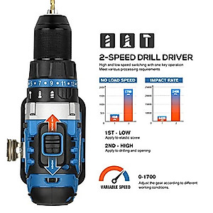 G LAXIA 20V Lithium Ion 2-Speed Cordless Drill Driver with Variable Speed, Max Torque(50N.m), 21+3 Clutch, 1/2 inch Keyless Chuck, Built-in LED, Metal Belt Clip, 2.0Ah Battery & 1 Fast Charger