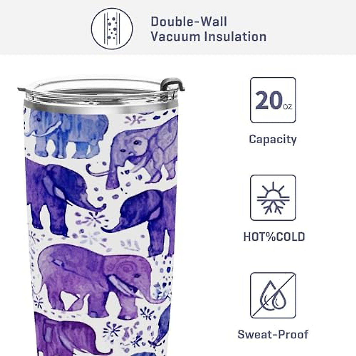 Wassud Violet Elephants 20 oz Tumbler with Lid and Straw Stainless Steel Double Wall Vacuum Tumblers Insulated Travel Coffee Mug for Cold and Hot Drinks