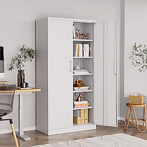 AFAIF Metal Storage Cabinet with Lock,71" White Garage Cabinet with 2 Doors and 5 Adjustable Shelves, Steel Locking Cabinets Tall Tool Storage Cabinet, Lockable File Cabinet for Home Office, Pantry