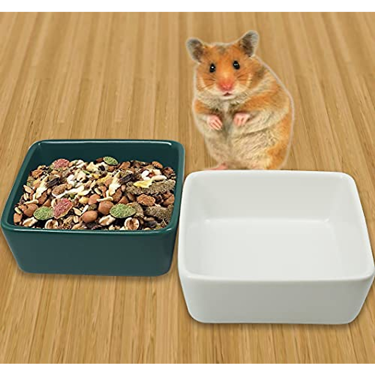 KUAO 2-Piece Set Hamster Feeding Bowl Square Ceramic White and Green Small Animal Dishes Food and Water Bowl with a Bamboo Shelf for Hamsters Guinea Pig Gerbil Hedgehog Rabbit and Little Cat