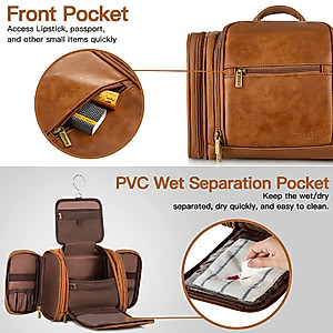 Elviros Travel Hanging Toiletry Bag for Women and Men, Large PU Leather Toiletries Organizer, Water-resistant Bathroom Shaving Kit for Cosmetics, Makeup Case (Large, Brown)