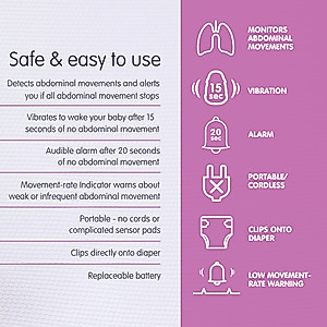 SNUZA Hero - Portable, Wearable Baby Abdominal Movement Monitor with Vibration and Alarm. - Newly Upgraded - Safer Sleeping for Infants.