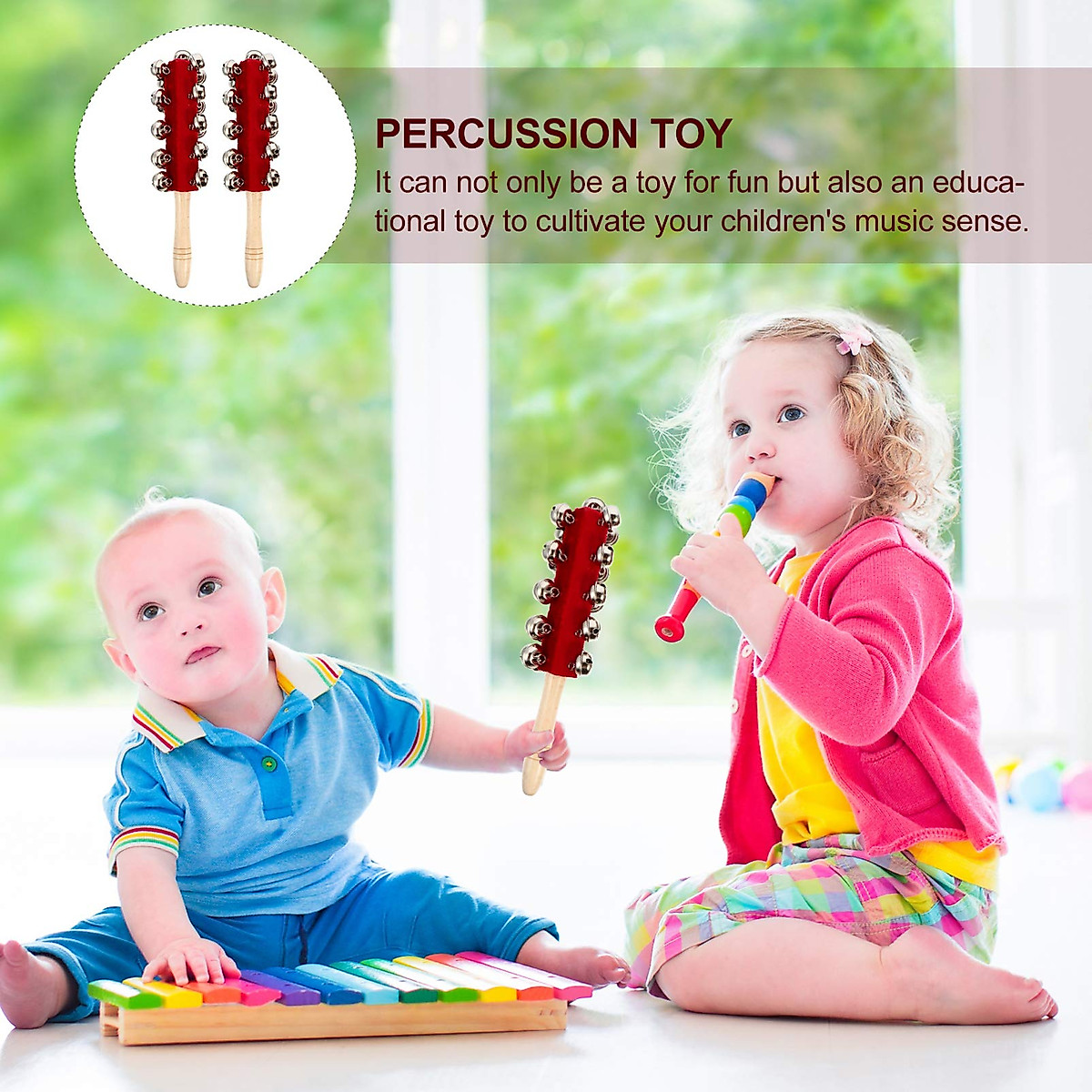 NUOBESTY 2pcs Christmas Hand Jingle Bells Wooden Shaker Jingle Bells Stick Musical Percussion Instrument Toy Kids Sleigh Bells for for Holiday Home Christmas Decoration Red