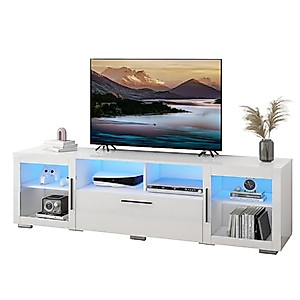 chartustriable 70 Inch Modern TV Stand with Music Sync LED Lights for 75 Inch TV, High Gloss Entertainment Center with Storage Cabinet, TV Media Console for Living Room Bedroom(White)