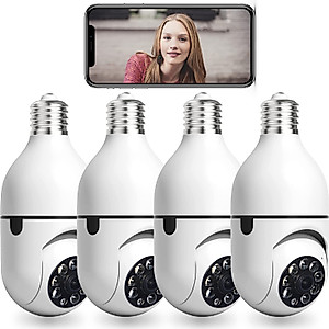 ORLMA Light Bulb Security Camera/360 Degree E27 Bulb Security Camera Outdoor Home Surveillance Cameras System with Human Motion Detection and Alarm/Two-Way Audio (White-4pc) 1080p
