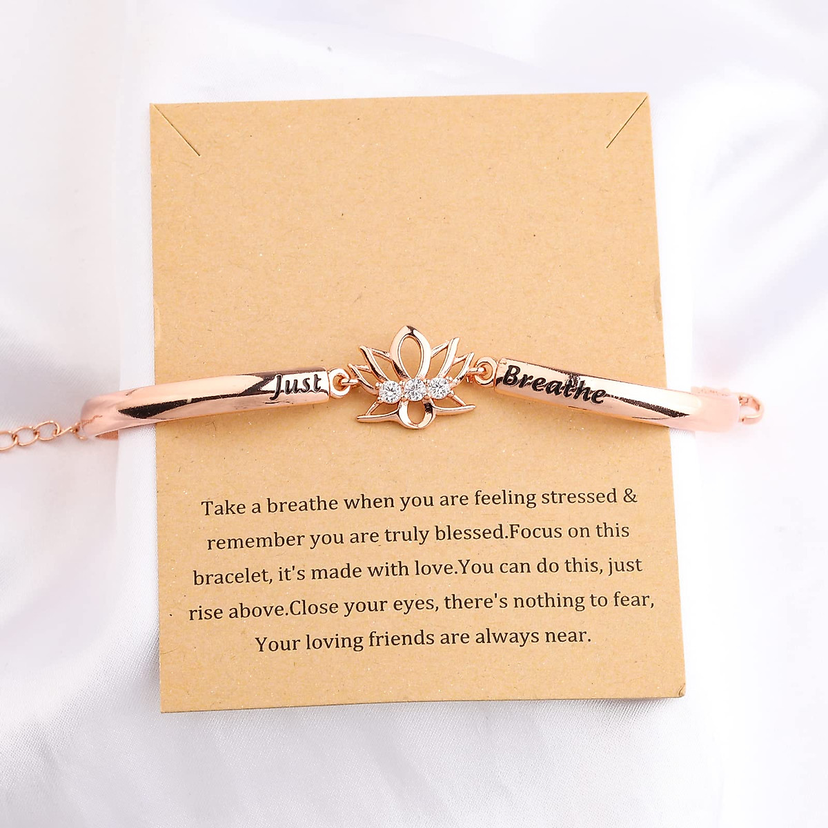 WUSUANED Spiritual Lotus Flower Bracelet With Message Card Just Breathe Jewelry Yoga Healing Inspirational Gift For Women (Just breathe bracelet card rose gold)