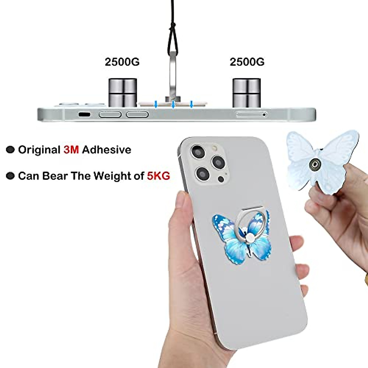 BF2JK Cell Phone Butterfly Finger Ring Holder 360 Degree Rotation Metal Ring Grip for iPhone Samsung Galaxy All Smartphone Mobile Cute Accessories（Blue Dark Blue）