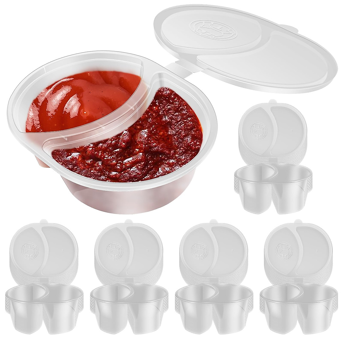OWTWCNL 50Pcs Double Condiment Containers, Double Compartment Condiment Container with Lid, Leakproof Clear Plastic 150ml Portion Cups Chutney Chili Sauce Dips Snack Boxes