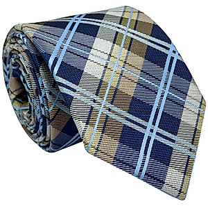 Retreez Elegant Plaid Check Woven Microfiber Men's Tie - Navy Blue and Khaki