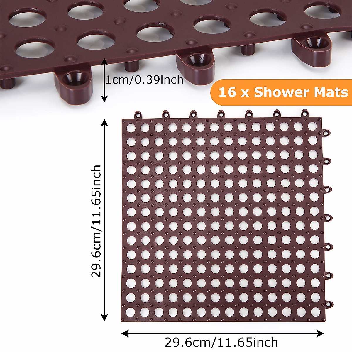 16Pack 11.8 x 11.8 Inch Interlocking Rubber Floor Tiles Non-Slip Shower Pool Deck Tiles for Flooring, Soft PVC Splicing Modular Cushion Mat Drainage Mats for Patio Garage Kitchen Bathroom (Brown)