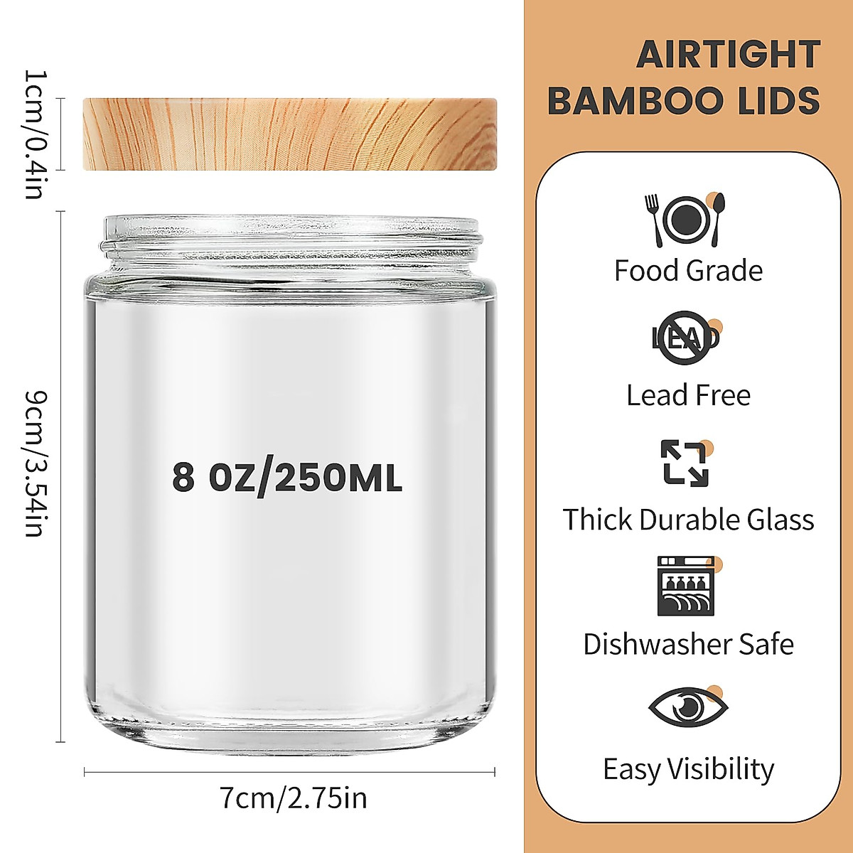 AQSXO 6 Pack 8oz Thick Glass Jars with Lids, Clear Round Containers Empty Food Storage Containers for Food Storage, Canning, Spices.