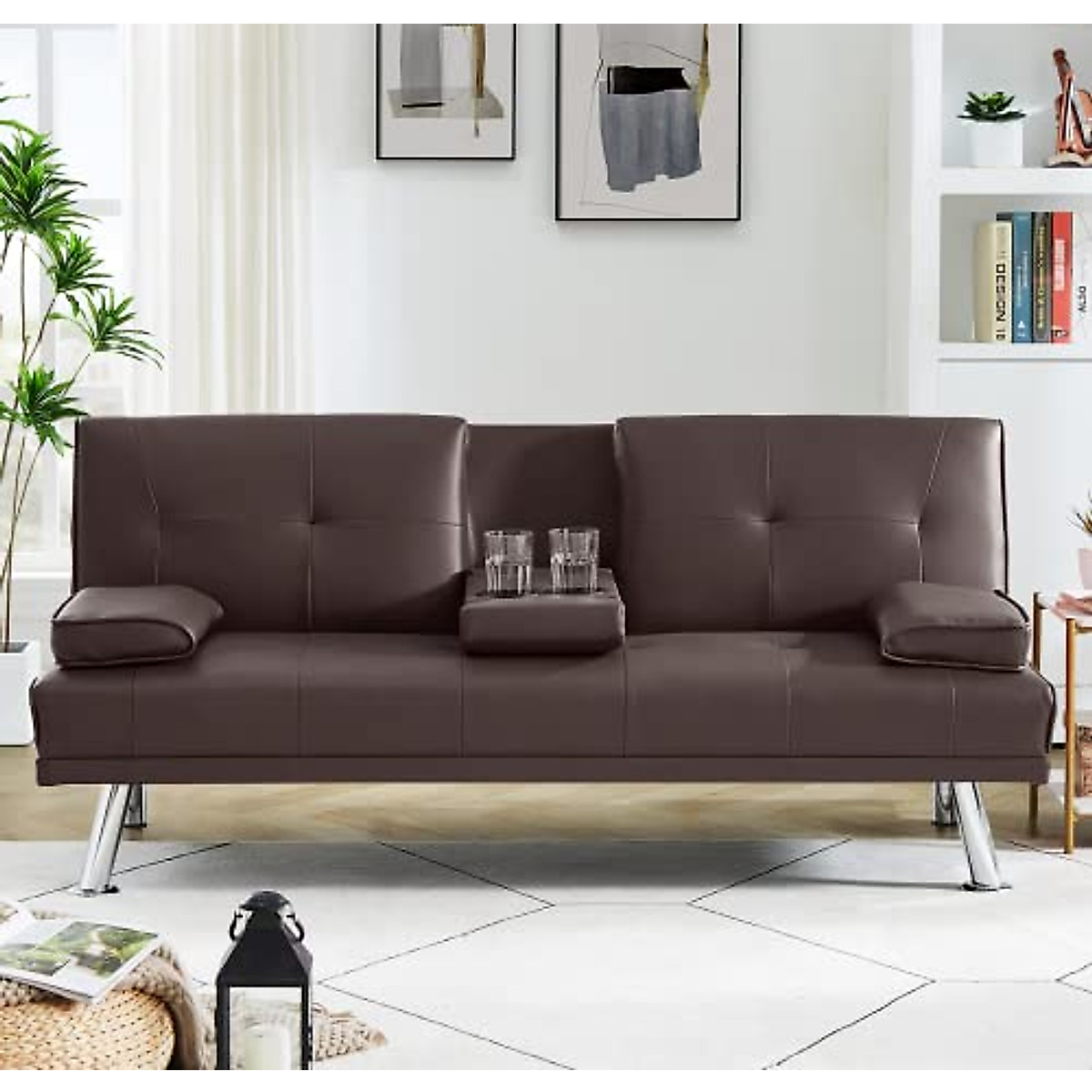 AWQM Faux Leather Futon Sofa Bed Upholstered Modern Convertible Sofa Bed Small Couch Bed Adjustable Couch Sleeper for Compact Living Space, Removable Armrests, Metal Legs, 2 Cupholders, Light Brown