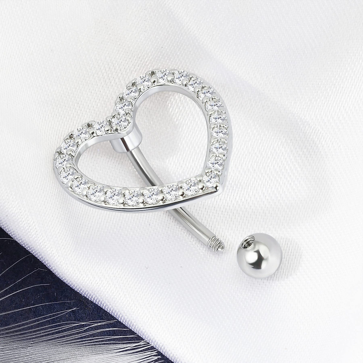 OUFER 16mm Belly Button Rings, Heart Reverse Navel Rings, Paved CZ Crystal Belly Piercing Jewelry, 14G Surgical Steel Curved Barbells for Women