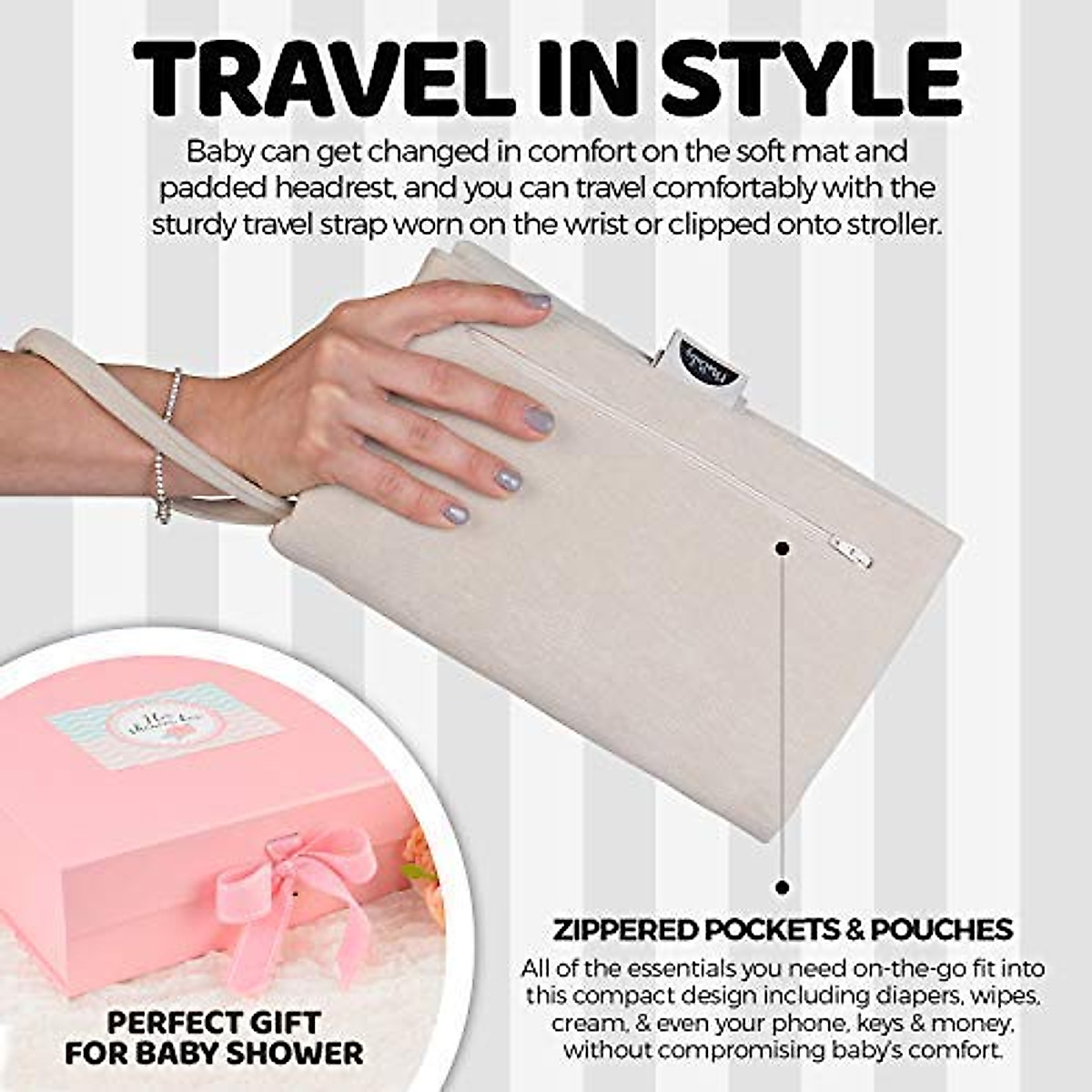 MoBaby Portable Changing Pad, Luxurious Soft-as-Suede Change Clutch, Oeko-TEX Certified, Machine Washable, Chic & Cushioned for Baby, Infant, & Newborn, Light Gray Color