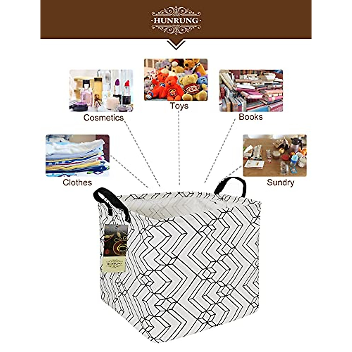 HUNRUNG Square Storage Bins Nursery Hamper Canvas Laundry Basket Foldable with Waterproof Nursery Boxes for Shelves/Gift Baskets/Toy Organizer/Office, Bedroom (Square-black transverse geometry)