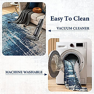 VK Living Washable Rug 5x7 Modern Abstract Machine Washable Area Rugs Anti Slip Backing Washable Rugs for Living Room, Bedroom, Home Decor, Blue