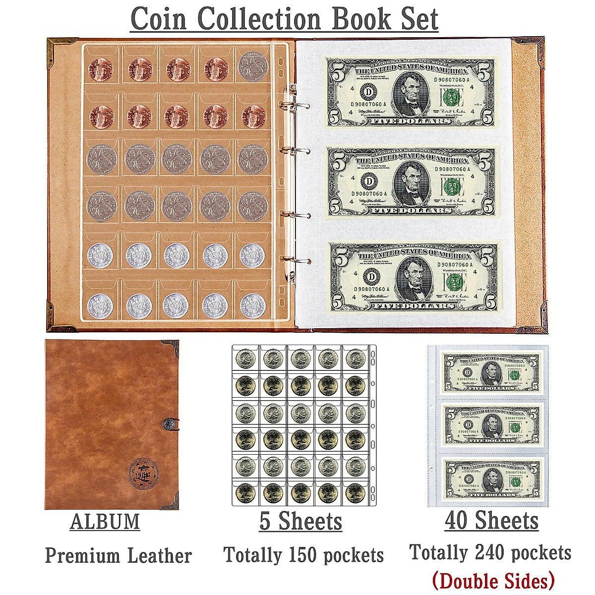 Ettonsun Coin Collection Book Holder for Collectors, 150 Pockets Coin Collecting Album & 240 Sleeves Paper Money Storage Case for Coin Currency Collection Supplies(150 coin pockets+240 bill pockets)