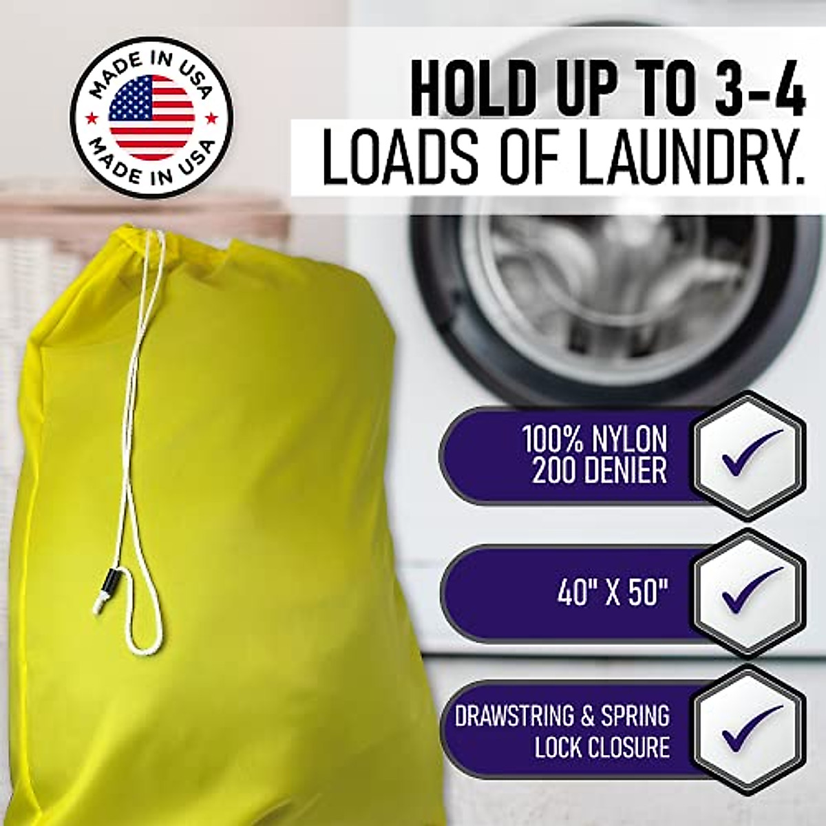 Super Extra Large Huge Heavy Duty Nylon Laundry Storage bags with drawstring, Durable, Machine Washable 40" x 50", choose the color (Yellow)