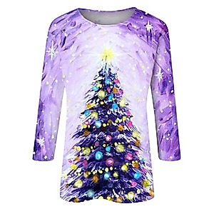 Christmas Shirts for Women Womens Christmas Shirts 2023 Fashion 3/4 Sleeve Tops O-Neck Print T-Shirts Casual Blouses Christmas Tops for Women Large Purples