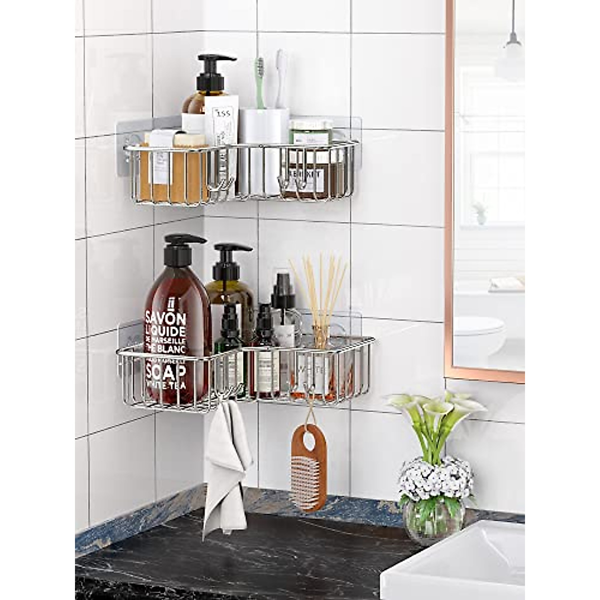 SMARTAKE Corner Shower Caddy Shower Shelf 2 Pack Adhesive Shower Rack with Hooks, SUS 304 Stainless Steel Shower Organizer for Bathroom Toilet Kitchen, Shower Storage for 90° Wall (Silver)