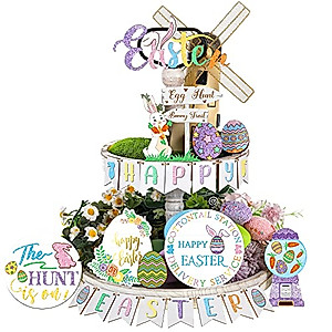 11 Pcs Easter Tiered Tray Decor Set Wood Easter Egg Decoration Easter Bunny Table Decor Rustic Farmhouse Ornaments for Easter Market Home Kitchen Holiday Party (Egg Style)