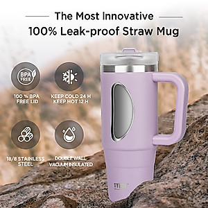 TYESO 30 oz Tumbler with Handle, Straw and Lid - Leak Resistant Insulated Stainless Steel Water Bottle, Car Cup Holder Friendly Travel Coffee Mug Purple - Gifts for Men & Women