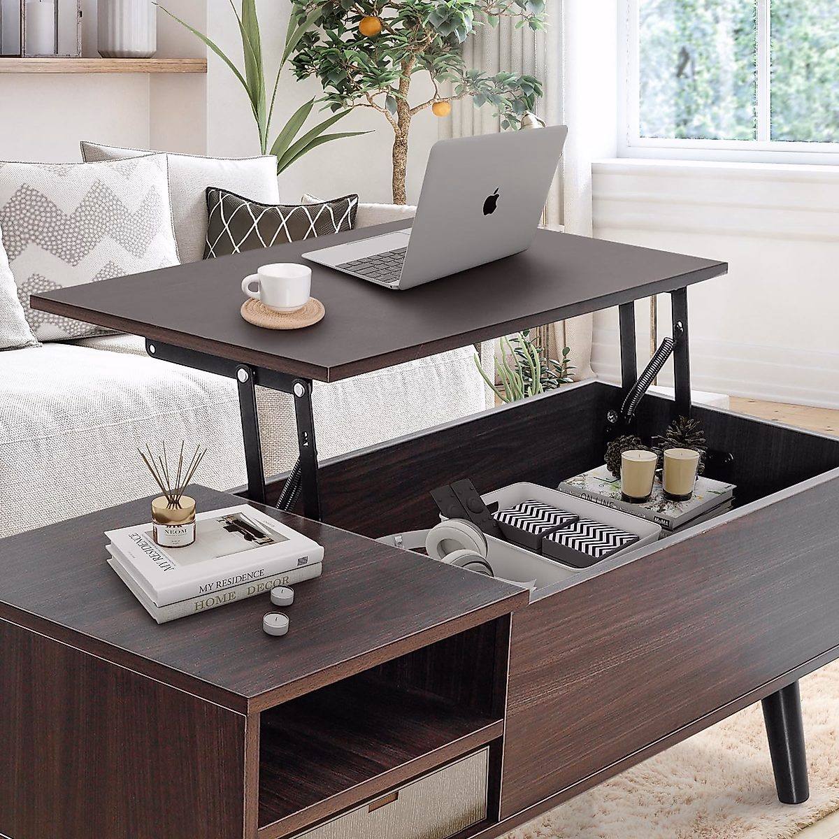 Ktoinpo Lift Top Coffee Table for Living Room, Wood Center Dining Table with Hidden Compartment Storage, Modern Adjustable Teas Tables Home Office Medieval Furniture Grey