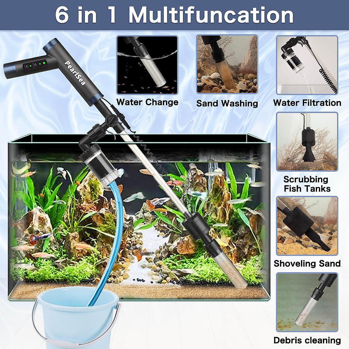 PearlSea Electric Aquarium Gravel Cleaner: 6 in 1 Electric Fish Tank Vacuum Gravel Cleaner for Automatic Water Changer Wash Sand Water Filter Circulation Remove Dirt Adjustable Water Flow (8W, 105GPH)