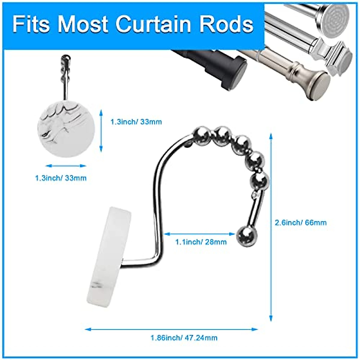Marble Shower Curtain Ring Hooks Rust Proof Decorative for Bathroom Towel Clothes Kitchen Utensil Living Room (White with Glide Balls)