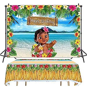 Summer Beach Baby Moana Backdrop and Tablecloth 86x52 inch Maui Palm Leaves Flowers Cake Table Decoration Girls Princess Moana Birthday Photo Background Baby Shower Party Supplies (7x5ft)