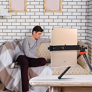 iPad Holder, Tablet Tripod Mount Adapter and Camera Shutter 6.3-9.25 inches Adjustable Vlog Clamp Compatible with iPad Mini iPad 2/3/4, Air/Air2, iPad Pro Microsoft Surface Samsung Tab A10 Fire