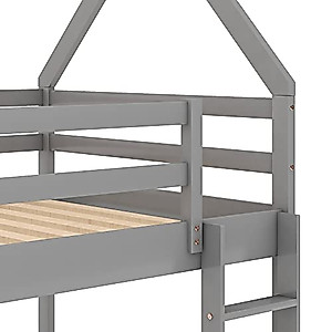 Twin Over Twin House Bunk Bed with Safety Guardrail and Ladder, Wood Twin Loft Bed Frame with House Roof for Kids Teens Girls Boys,Grey