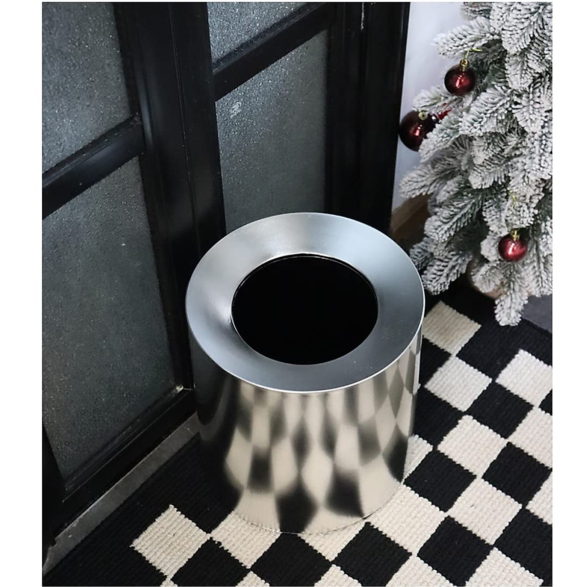 Sleek Metallic Silver Waste Basket - Stainless Steel Look Garbage Container - Spill Proof Trash Can - 12L/3.2Gal Capacity - Modern Garbage Pail - Futuristic Minimalist Style for Bedroom Living Room…