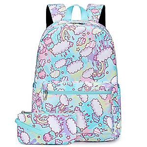 Dafelile Girls Backpack with Pencil Case Set, 2 in 1 Cute Patterns Printed Schoolbag Set Water Resistant Kids Bookbag for Kindergarten Elementary School Girls