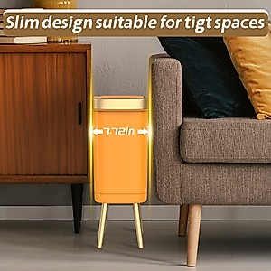 Bedroom Trash Can with Lid,Slim Bathroom Cans Lids, Dog Proof Press Top Lid,Modern Gold Plastic Waste Basket for Living Room, Office,Kitchen, 4 Gal-Orange