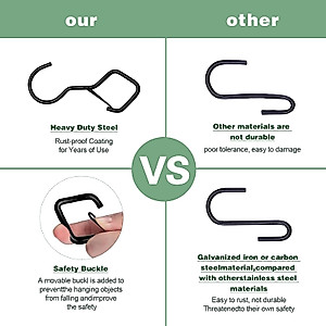 Ticway 12 PCS S Hooks for Hanging,4 Inch Heavy Duty Closet Hooks with Safety Buckle,Closet Hooks Hanging for Plants,Clothes,Kitchen Utensil,String Lights,Handbags,Belt,Hat,Cup (12 Pack, Black)