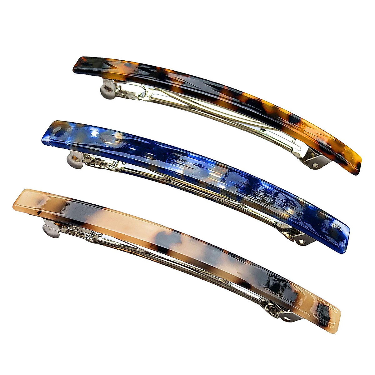 HYFEEL Long French Barrettes for Women Simple Classic Acrylic Resin Hair Clips Tortoise Shell Skinny Large 4 inch No-slip Grip Automatic Clasp Clamp For Thick Hair, 3 Pack