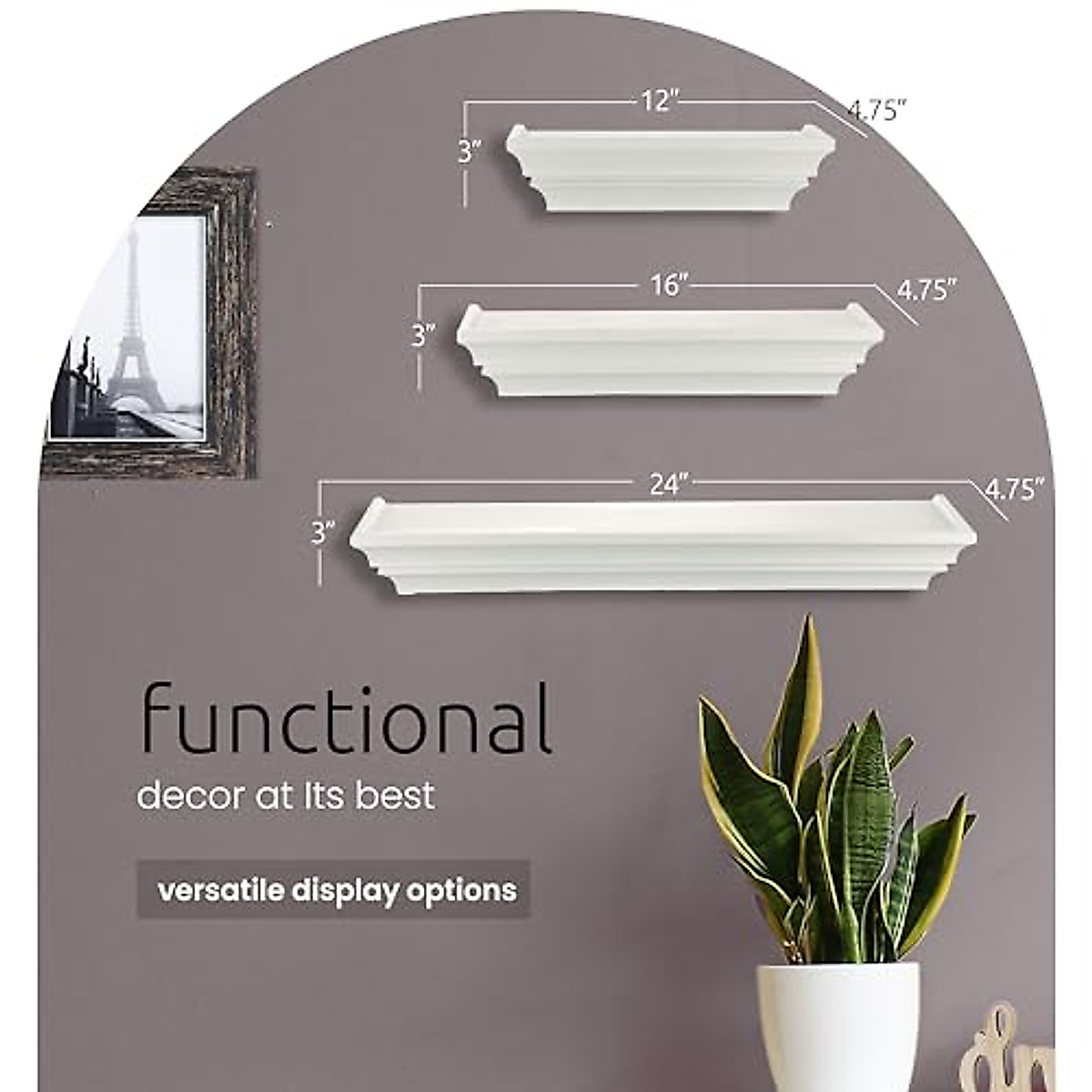 Kiera Grace Madison Classic Crown Molding Floating Wall Shelves, Robust Engineered Wood, Easy Assembly, Ideal for Home Decor, 12" / 16" / 24", White, Set of 3