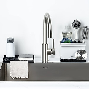 YOHOM Kitchen Sink Caddy Sponge Holder Organizer Brush Holder 2-in-1 Sinkware Caddy with Sink Drain Tray for Kitchen Dish Sponge Holder with 4 Adjustable Divider