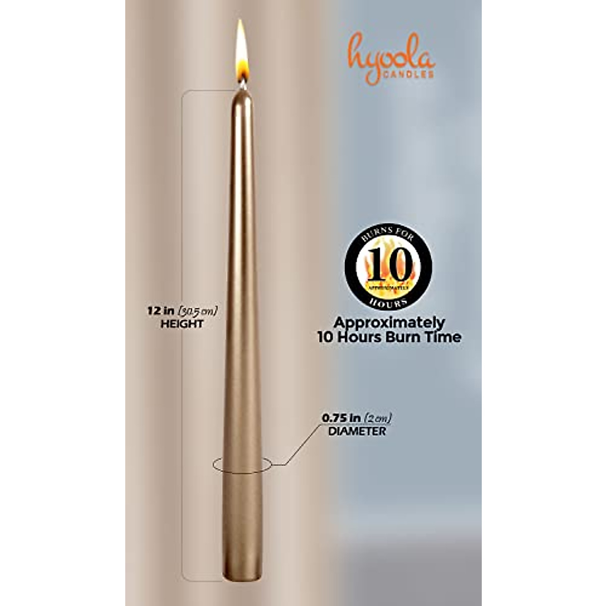 Hyoola Tall Metallic Antique Gold Taper Candles - 12 Inch - Dripless - 12 Pack - 10 Hour Burn Time