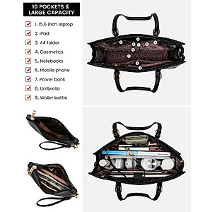 LOVEVOOK Laptop Bag for Women, Fashion Computer Tote Bag Large Capacity Handbag, Leather Shoulder Bag Purse Set, Professional Business Work Briefcase for Office Lady 2PCs, Fit 15.6 Inch Laptop, Black