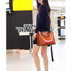 SMALLBLUER Women Oil Wax Leather Tote Hobo Shoulder Crossbody Large Capacity Simple Satchels Purse Clutches Handbags-Brown