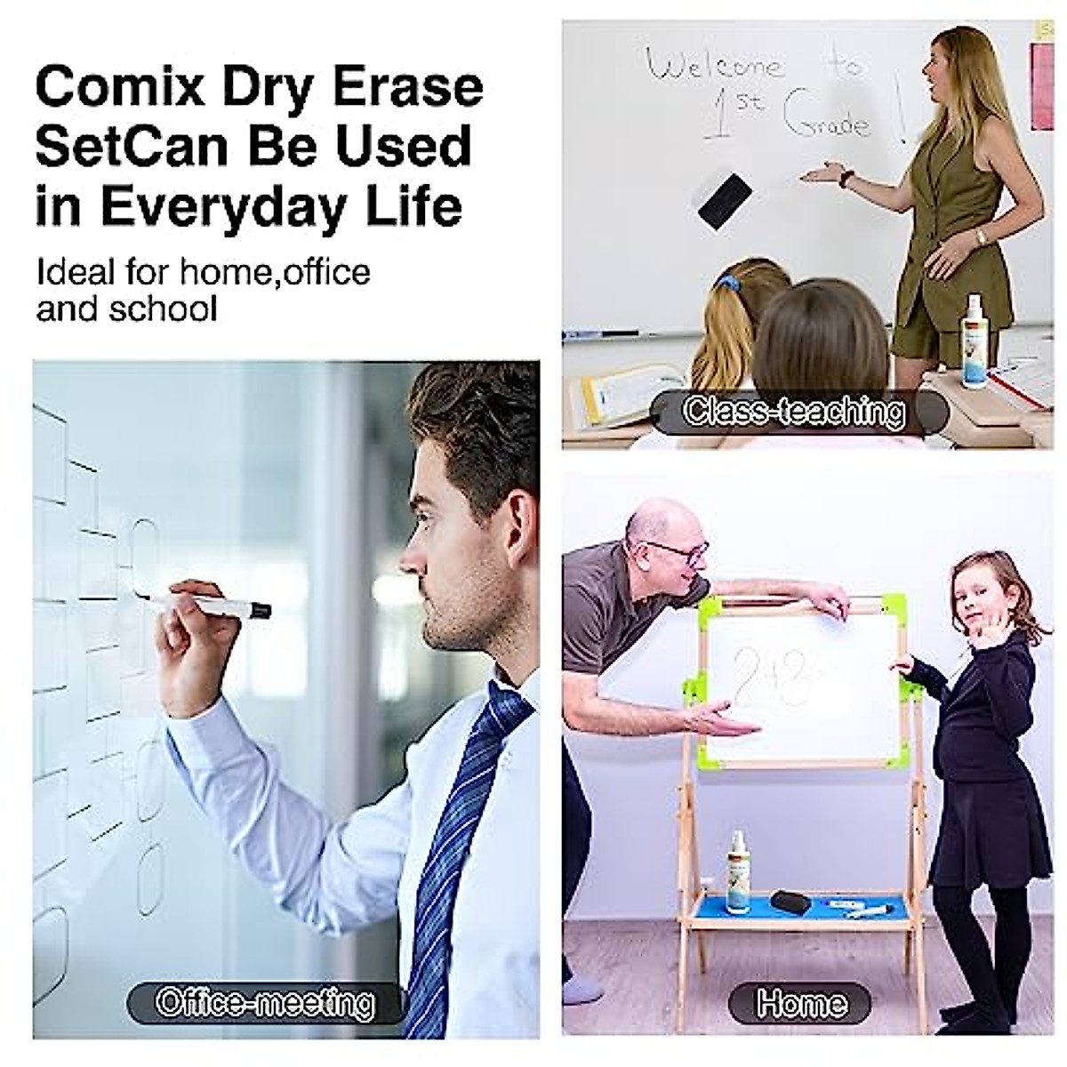 Comix Dry Erase Set with 16 Chisel Tip Dry Erase Markers, 8.5 Fl Oz Cleaner & Magnetic Eraser, Office and School Supplies for Whiteboards, Calendar