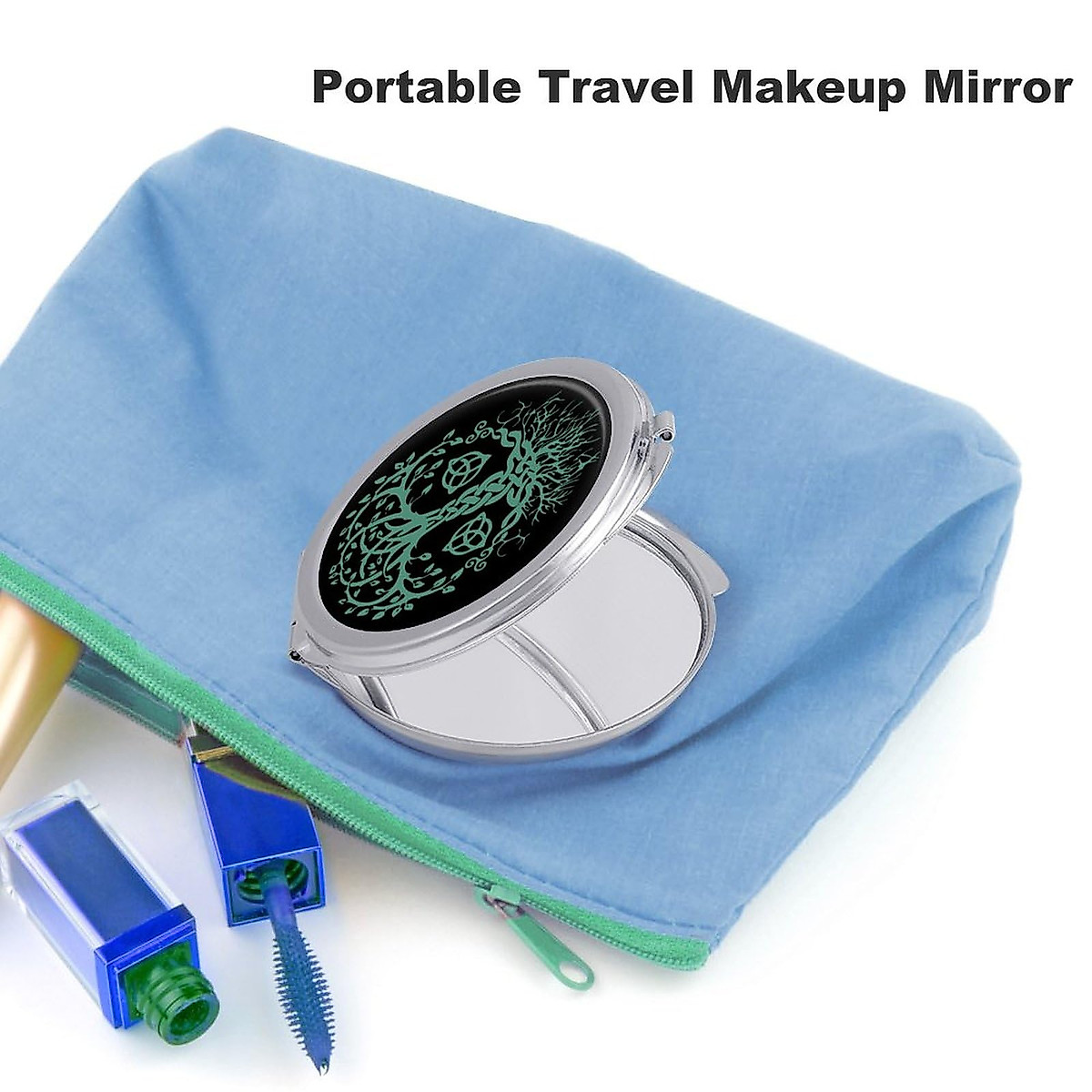 Celtic Knot Tree of Life Compact Mirror Round Pocket Makeup Mirror Double-Sided Magnification Folding Portable Hand Mirror for Travel